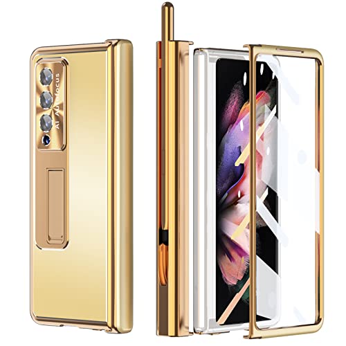 NINKI Compatible Samsung Galaxy Z Fold 3 Phone Case with Screen Protector & S Pen,Aluminum Hinge Protection Stand Case Samsung Z Fold 3 Case with S Pen Holder,Galaxy Fold 3 Metal Case with Stand Gold