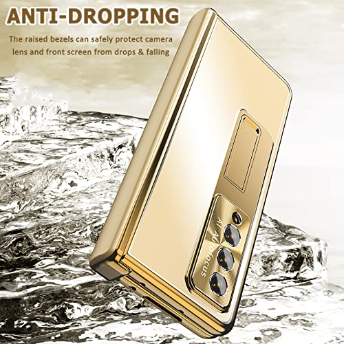 NINKI Compatible Samsung Galaxy Z Fold 3 Phone Case with Screen Protector & S Pen,Aluminum Hinge Protection Stand Case Samsung Z Fold 3 Case with S Pen Holder,Galaxy Fold 3 Metal Case with Stand Gold