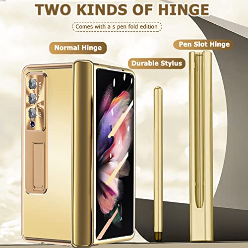 NINKI Compatible Samsung Galaxy Z Fold 3 Phone Case with Screen Protector & S Pen,Aluminum Hinge Protection Stand Case Samsung Z Fold 3 Case with S Pen Holder,Galaxy Fold 3 Metal Case with Stand Gold