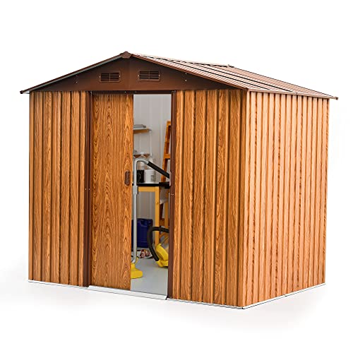 HAPPATIO Storage Shed 8x6', Outdoor Shed Woodgrain-Look Galvanized Metal Shed, Outside Sheds with Double Sliding Doors, Foundation, Outdoor Storage Shed Waterproof for Backyard, Garbage, Patio, Bikes