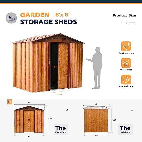 HAPPATIO Storage Shed 8x6', Outdoor Shed Woodgrain-Look Galvanized Metal Shed, Outside Sheds with Double Sliding Doors, Foundation, Outdoor Storage Shed Waterproof for Backyard, Garbage, Patio, Bikes