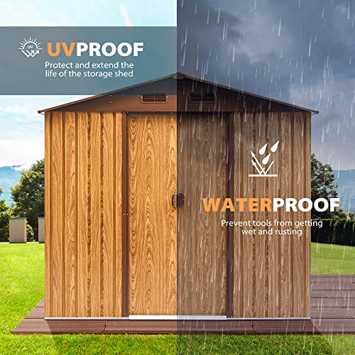 HAPPATIO Storage Shed 8x6', Outdoor Shed Woodgrain-Look Galvanized Metal Shed, Outside Sheds with Double Sliding Doors, Foundation, Outdoor Storage Shed Waterproof for Backyard, Garbage, Patio, Bikes