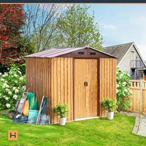 HAPPATIO Storage Shed 8x6', Outdoor Shed Woodgrain-Look Galvanized Metal Shed, Outside Sheds with Double Sliding Doors, Foundation, Outdoor Storage Shed Waterproof for Backyard, Garbage, Patio, Bikes