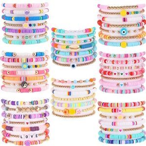 wainis 56 pcs preppy heishi bracelets for women colorful heart star evil eye flower beaded polymer clay pearl stackable bracelet charm y2k kidcore summer beach surfer bohemian layering bracelets