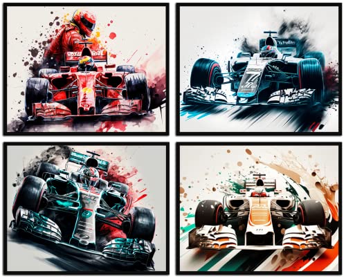 CNG DIGITAL Formula Racing Poster Race Car Wall Decor F1 Racing Wall Art Prints Set of 4 Unframed (8''x10'') Supercar Poster Man Cave Boys Room Wall Decor Posters for Boys Room Grand Prix Posters