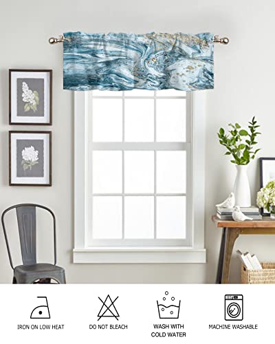 LBHAUSE Art Marble Curtain Valances for Window, Rod Pocket Window Valance Curtain Kitchen Short Curtain for Bedroom Living Room Blue White Gold Liquid Abstract Ocean 60"x18"