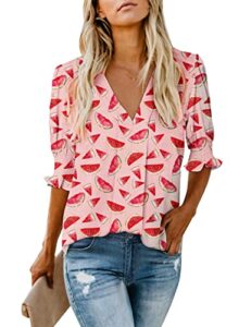 women's sexy v neck dressy casual fruit puff ruffle sleeve smocked watermelon blouse tops wm l