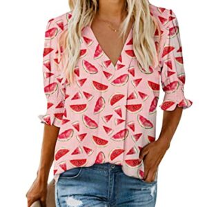 Women's Sexy V Neck Dressy Casual Fruit Puff Ruffle Sleeve Smocked Watermelon Blouse Tops WM L