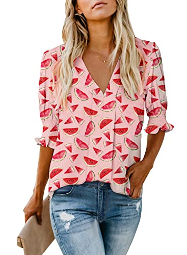 Women's Sexy V Neck Dressy Casual Fruit Puff Ruffle Sleeve Smocked Watermelon Blouse Tops WM L