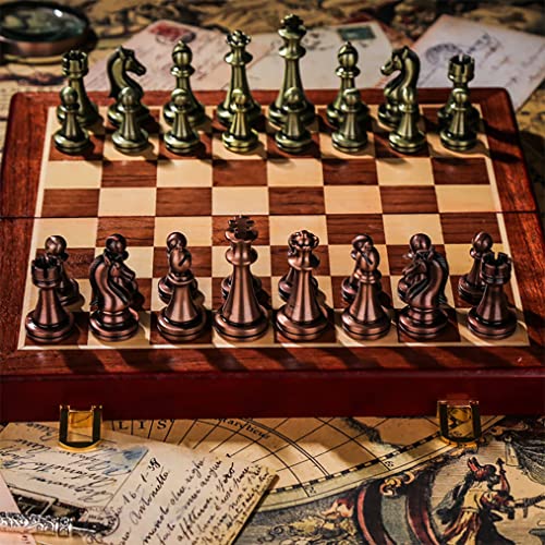 Chess Set for Adult and Kid, 13.5" Folding Wooden Chess Board with Zinc Alloy Metal Chess Pieces, Portable Travel Chess Board Game