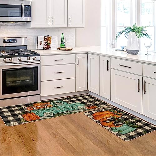 Artoid Mode Buffalo Plaid Pumpkins Truck Bow Tie Fall Kitchen Mats Set of 2, Home Decor Low-Profile Kitchen Rugs for Floor - 17x29 and 17x47 Inch