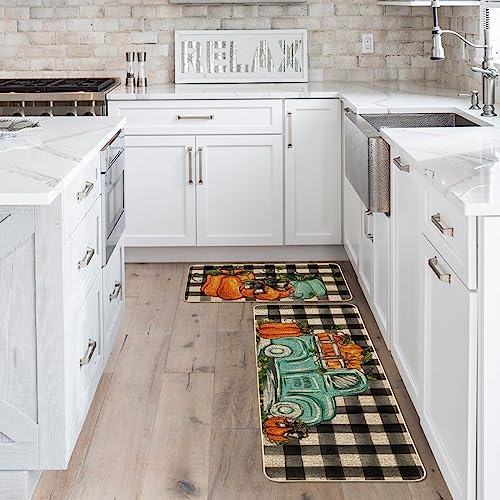 Artoid Mode Buffalo Plaid Pumpkins Truck Bow Tie Fall Kitchen Mats Set of 2, Home Decor Low-Profile Kitchen Rugs for Floor - 17x29 and 17x47 Inch