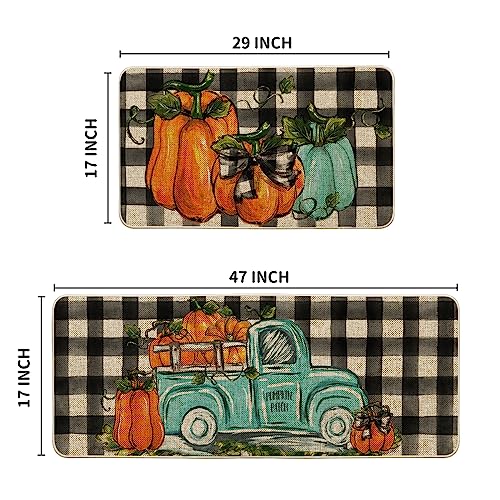 Artoid Mode Buffalo Plaid Pumpkins Truck Bow Tie Fall Kitchen Mats Set of 2, Home Decor Low-Profile Kitchen Rugs for Floor - 17x29 and 17x47 Inch