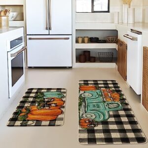 Artoid Mode Buffalo Plaid Pumpkins Truck Bow Tie Fall Kitchen Mats Set of 2, Home Decor Low-Profile Kitchen Rugs for Floor - 17x29 and 17x47 Inch