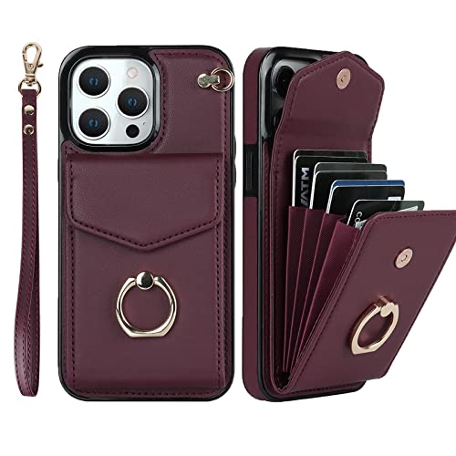 Nunwiza for iPhone 13 Pro Max Wallet Case with 360°Rotation Ring Holder Stand, RFID Blocking PU Leather Case Card Holder for iPhone 13 Pro Max 6.7'' Wine Red