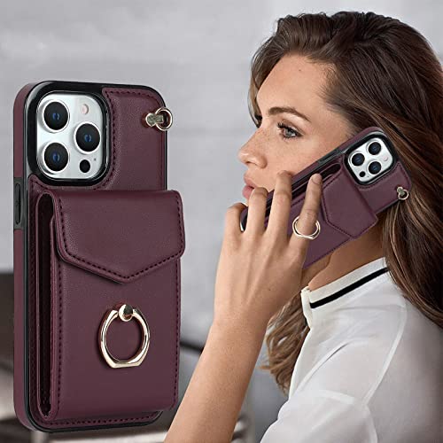 Nunwiza for iPhone 13 Pro Max Wallet Case with 360°Rotation Ring Holder Stand, RFID Blocking PU Leather Case Card Holder for iPhone 13 Pro Max 6.7'' Wine Red