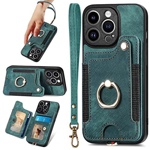 13 Pro Max Phone Case,Card Holder Wallet for iPhone 13 Pro Max Case,Ring Holder Stand,RFID-Blocking,Wrist Strap,Camera Lens Protector,Leather Magnetic Protective Flip Cover for Women Men (Green)