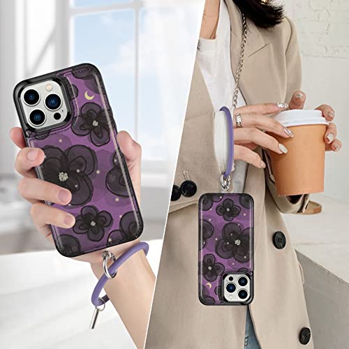 HianDier Wallet Case for iPhone 13 Pro MAX Case with Bracelet+ Screen Protector+ Camera Cover, with Credit Card Slot Holder Flip Folio Soft PU Leather Magnetic Closure Cover, Camellia Purple