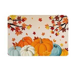 fall thanksgiving kitchen bath shower door welcome mat,washable bedroom living room bathroom runner rug indoor outdoor doormat,orange teal grey pumpkins gold maple leaves autumn holiday 16"x24"