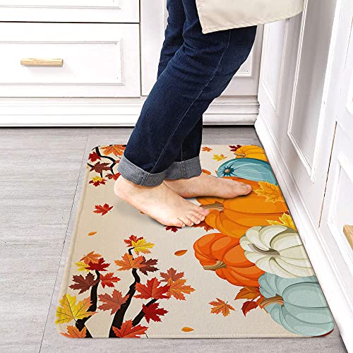 Fall Thanksgiving Kitchen Bath Shower Door Welcome Mat,Washable Bedroom Living Room Bathroom Runner Rug Indoor Outdoor Doormat,Orange Teal Grey Pumpkins Gold Maple Leaves Autumn Holiday 16"x24"