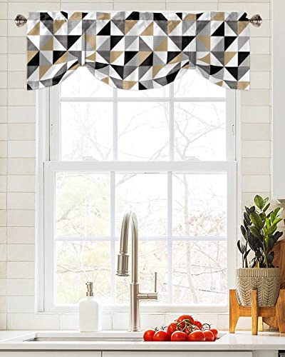 Kitchen Curtains, Simple Black and White Gold Triangle Pattern Valances for Windows, Short Curtains Rod Pocket Bathroom Curtains Window, Kitchen Window Curtains Over Sink, 54x18in Valances for Kitchen