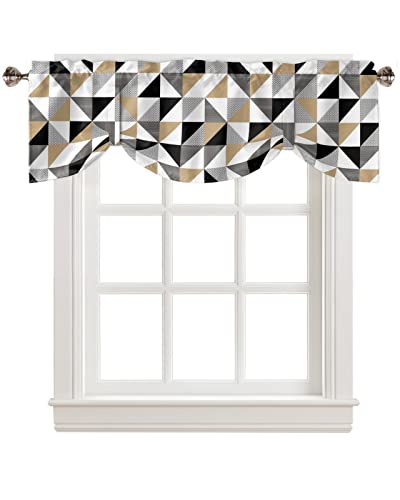 Kitchen Curtains, Simple Black and White Gold Triangle Pattern Valances for Windows, Short Curtains Rod Pocket Bathroom Curtains Window, Kitchen Window Curtains Over Sink, 54x18in Valances for Kitchen