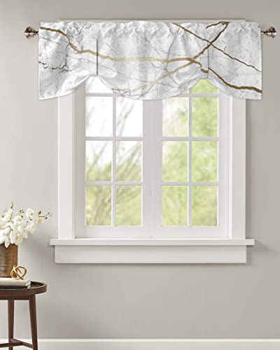 Tie Up Curtain Valance for Kitchen,White Marble Gold Stripes Window Valances Adjustable Tie-up Shade Valance,Modern Abstract Geometric Rod Pocket Short Curtains Window Treatment for Bathroom 60x18in