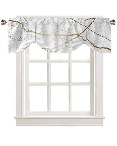 Tie Up Curtain Valance for Kitchen,White Marble Gold Stripes Window Valances Adjustable Tie-up Shade Valance,Modern Abstract Geometric Rod Pocket Short Curtains Window Treatment for Bathroom 60x18in