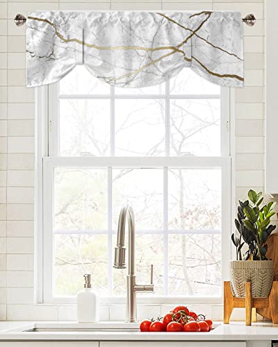 Tie Up Curtain Valance for Kitchen,White Marble Gold Stripes Window Valances Adjustable Tie-up Shade Valance,Modern Abstract Geometric Rod Pocket Short Curtains Window Treatment for Bathroom 60x18in