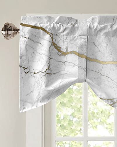 Tie Up Curtain Valance for Kitchen,White Marble Gold Stripes Window Valances Adjustable Tie-up Shade Valance,Modern Abstract Geometric Rod Pocket Short Curtains Window Treatment for Bathroom 60x18in