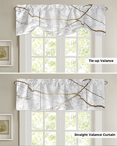 Tie Up Curtain Valance for Kitchen,White Marble Gold Stripes Window Valances Adjustable Tie-up Shade Valance,Modern Abstract Geometric Rod Pocket Short Curtains Window Treatment for Bathroom 60x18in