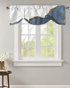 tie up curtain valance for kitchen,marble texture watercolor blue gold and white colors window valances adjustable tie-up shade valance,ink painting rod pocket short curtains for bathroom 60x18in