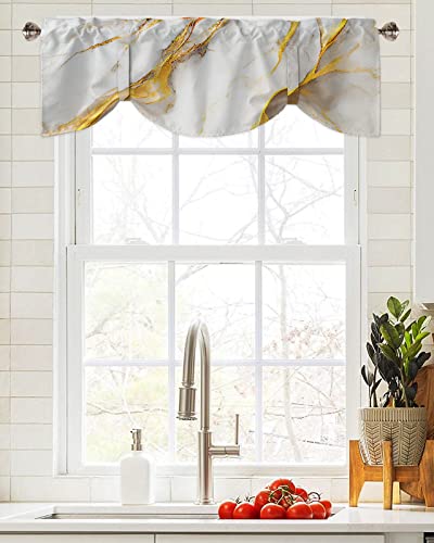 Yun Nist Tie Up Curtain Valance for Kitchen,Abstract White Marble Gold Stripe Window Valances Adjustable Tie-up Shade Valance,Modern Geometry Art Rod Pocket Short Curtains for Bathroom 42x12in