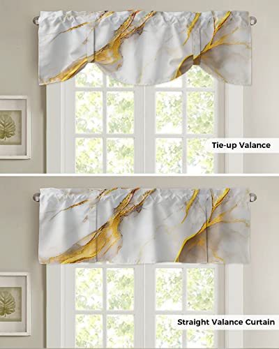 Yun Nist Tie Up Curtain Valance for Kitchen,Abstract White Marble Gold Stripe Window Valances Adjustable Tie-up Shade Valance,Modern Geometry Art Rod Pocket Short Curtains for Bathroom 42x12in