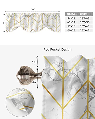 Tie Up Curtain Valance for Kitchen,White Marble Gold Stripes Geometric Window Valances Adjustable Tie-up Shade Valance,Abstract Herringbone Chevron Zigzag Rod Pocket Short Curtains Bathroom 42x18in