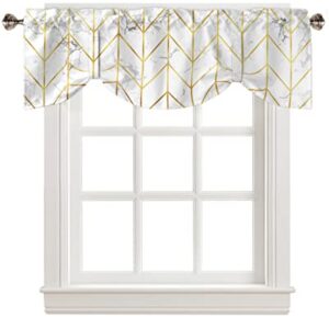 Tie Up Curtain Valance for Kitchen,White Marble Gold Stripes Geometric Window Valances Adjustable Tie-up Shade Valance,Abstract Herringbone Chevron Zigzag Rod Pocket Short Curtains Bathroom 42x18in