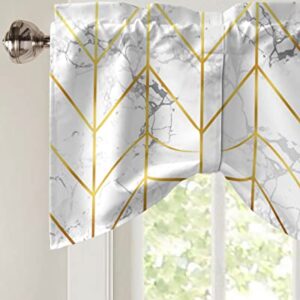 Tie Up Curtain Valance for Kitchen,White Marble Gold Stripes Geometric Window Valances Adjustable Tie-up Shade Valance,Abstract Herringbone Chevron Zigzag Rod Pocket Short Curtains Bathroom 42x18in