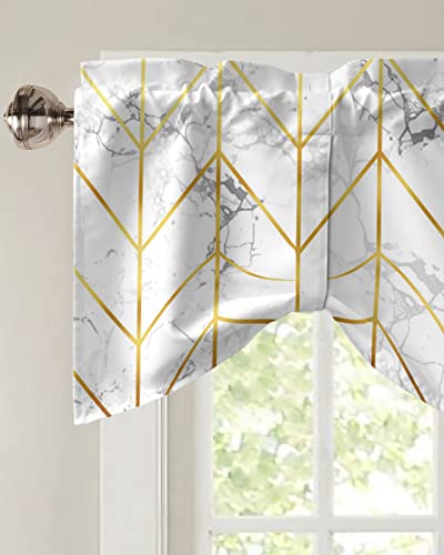 Tie Up Curtain Valance for Kitchen,White Marble Gold Stripes Geometric Window Valances Adjustable Tie-up Shade Valance,Abstract Herringbone Chevron Zigzag Rod Pocket Short Curtains Bathroom 42x18in