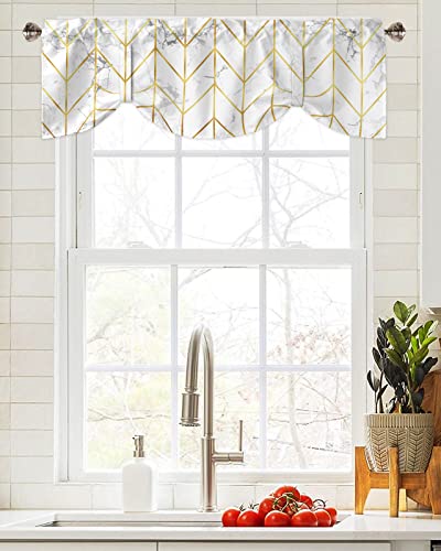 Tie Up Curtain Valance for Kitchen,White Marble Gold Stripes Geometric Window Valances Adjustable Tie-up Shade Valance,Abstract Herringbone Chevron Zigzag Rod Pocket Short Curtains Bathroom 42x18in