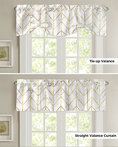 Tie Up Curtain Valance for Kitchen,White Marble Gold Stripes Geometric Window Valances Adjustable Tie-up Shade Valance,Abstract Herringbone Chevron Zigzag Rod Pocket Short Curtains Bathroom 42x18in