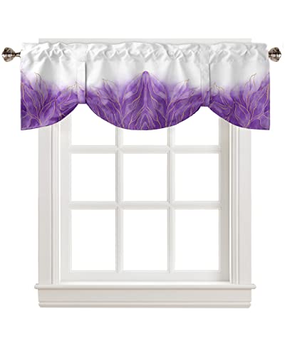 Tie Up Curtain Valance for Kitchen,Purple Gradient Abstract Leaf Gold Edge White Back Window Valances Adjustable Tie-up Shade Valance,Ombre Geometric Art Rod Pocket Short Curtains Bathroom 42x12in