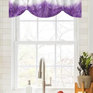 Tie Up Curtain Valance for Kitchen,Purple Gradient Abstract Leaf Gold Edge White Back Window Valances Adjustable Tie-up Shade Valance,Ombre Geometric Art Rod Pocket Short Curtains Bathroom 42x12in