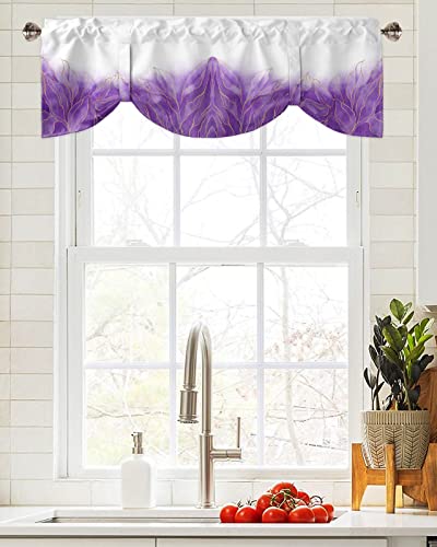 Tie Up Curtain Valance for Kitchen,Purple Gradient Abstract Leaf Gold Edge White Back Window Valances Adjustable Tie-up Shade Valance,Ombre Geometric Art Rod Pocket Short Curtains Bathroom 42x12in