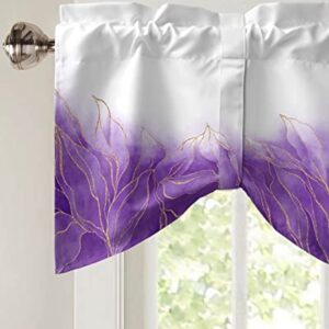 Tie Up Curtain Valance for Kitchen,Purple Gradient Abstract Leaf Gold Edge White Back Window Valances Adjustable Tie-up Shade Valance,Ombre Geometric Art Rod Pocket Short Curtains Bathroom 42x12in