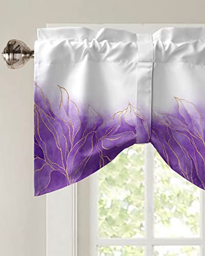 Tie Up Curtain Valance for Kitchen,Purple Gradient Abstract Leaf Gold Edge White Back Window Valances Adjustable Tie-up Shade Valance,Ombre Geometric Art Rod Pocket Short Curtains Bathroom 42x12in