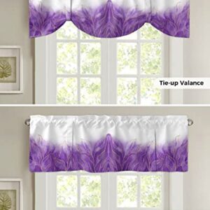 Tie Up Curtain Valance for Kitchen,Purple Gradient Abstract Leaf Gold Edge White Back Window Valances Adjustable Tie-up Shade Valance,Ombre Geometric Art Rod Pocket Short Curtains Bathroom 42x12in