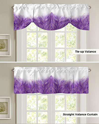 Tie Up Curtain Valance for Kitchen,Purple Gradient Abstract Leaf Gold Edge White Back Window Valances Adjustable Tie-up Shade Valance,Ombre Geometric Art Rod Pocket Short Curtains Bathroom 42x12in