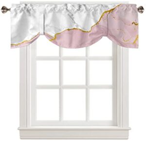 Marble Pink Tie Up Valance Curtain for Kitchen Living Room Bedroom Bathroom Cafe, Rod Pocket Small Short Window Drape Panel Adjustable Drapary Print, Marbling White Gray Gold Modern Abstract 60"x18"