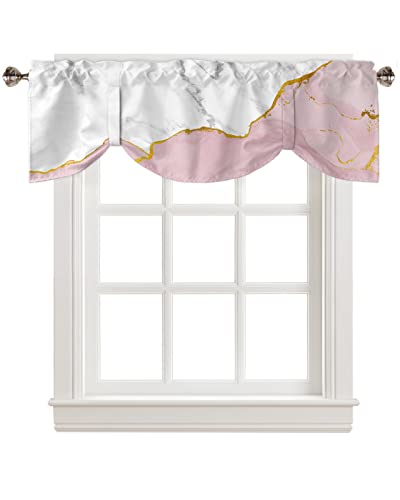 Marble Pink Tie Up Valance Curtain for Kitchen Living Room Bedroom Bathroom Cafe, Rod Pocket Small Short Window Drape Panel Adjustable Drapary Print, Marbling White Gray Gold Modern Abstract 60"x18"