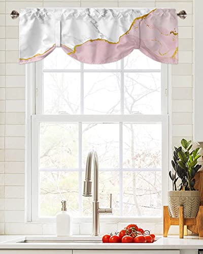 Marble Pink Tie Up Valance Curtain for Kitchen Living Room Bedroom Bathroom Cafe, Rod Pocket Small Short Window Drape Panel Adjustable Drapary Print, Marbling White Gray Gold Modern Abstract 60"x18"